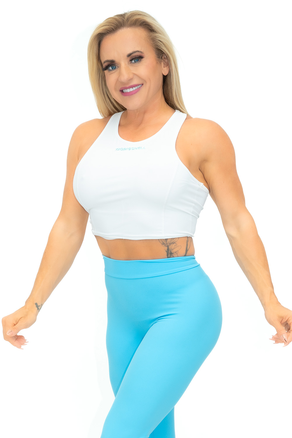 Bombshell Rita Racerback Crop Top - White/Bombshell Blue - Bombshell ...